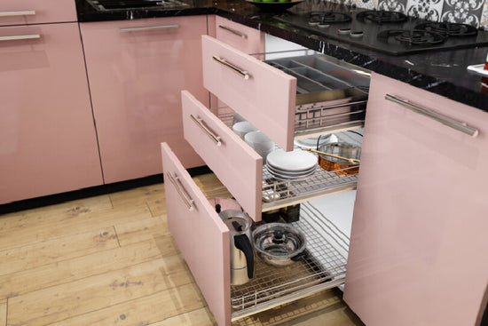 Kutchina Modular Kitchen Compact L shaped kitchen glossy pink finish ...