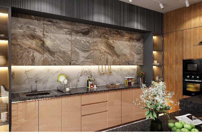 Kutchina Modular Kitchen Island kitchen with walnut and marble finish ...