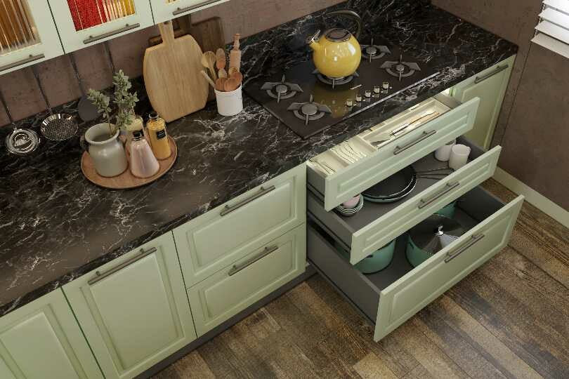 Kutchina Modular Kitchen L-shaped kitchen with cool mint and fluted ...