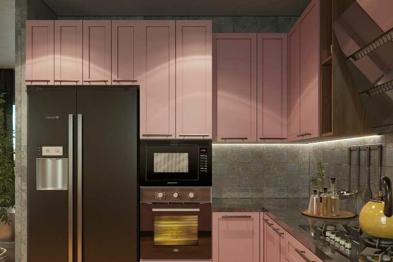 Kutchina Modular Kitchen Compact L shaped kitchen light pink matt ...
