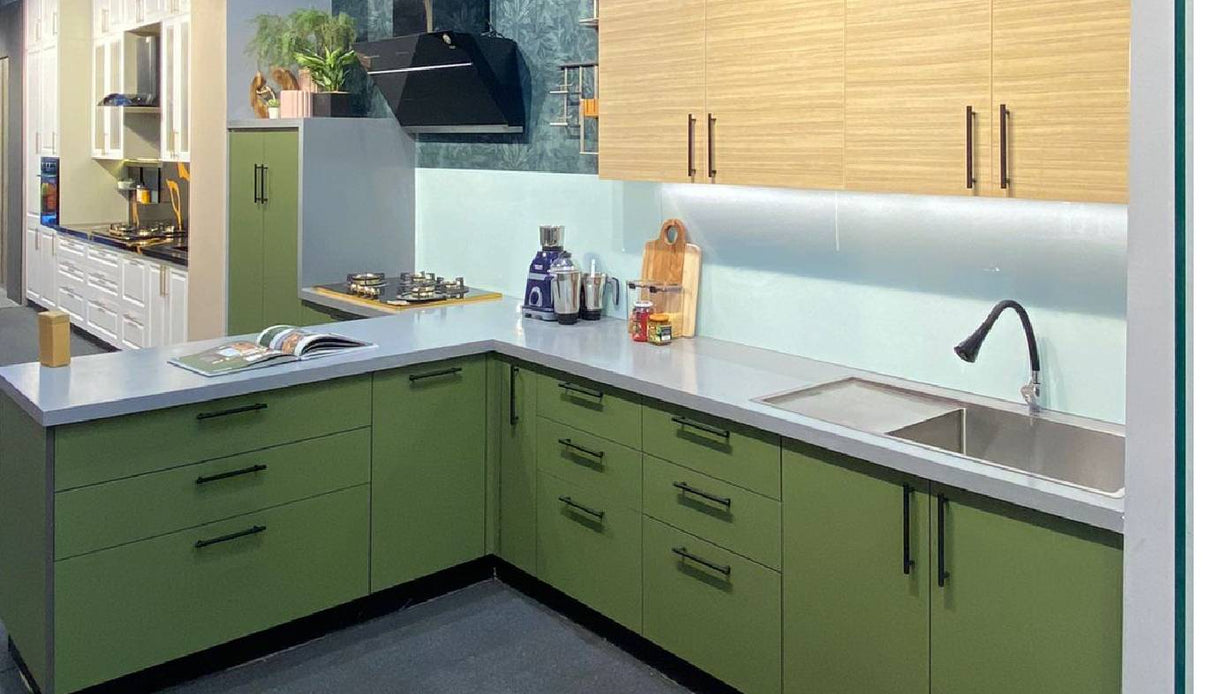 Kutchina Modular Kitchen L-shaped kitchen with fluroescent orange and ...