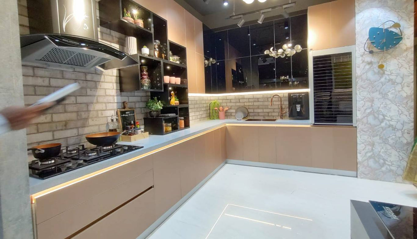 Kutchina Modular Kitchen Compact straight kitchen with rusty orange ...